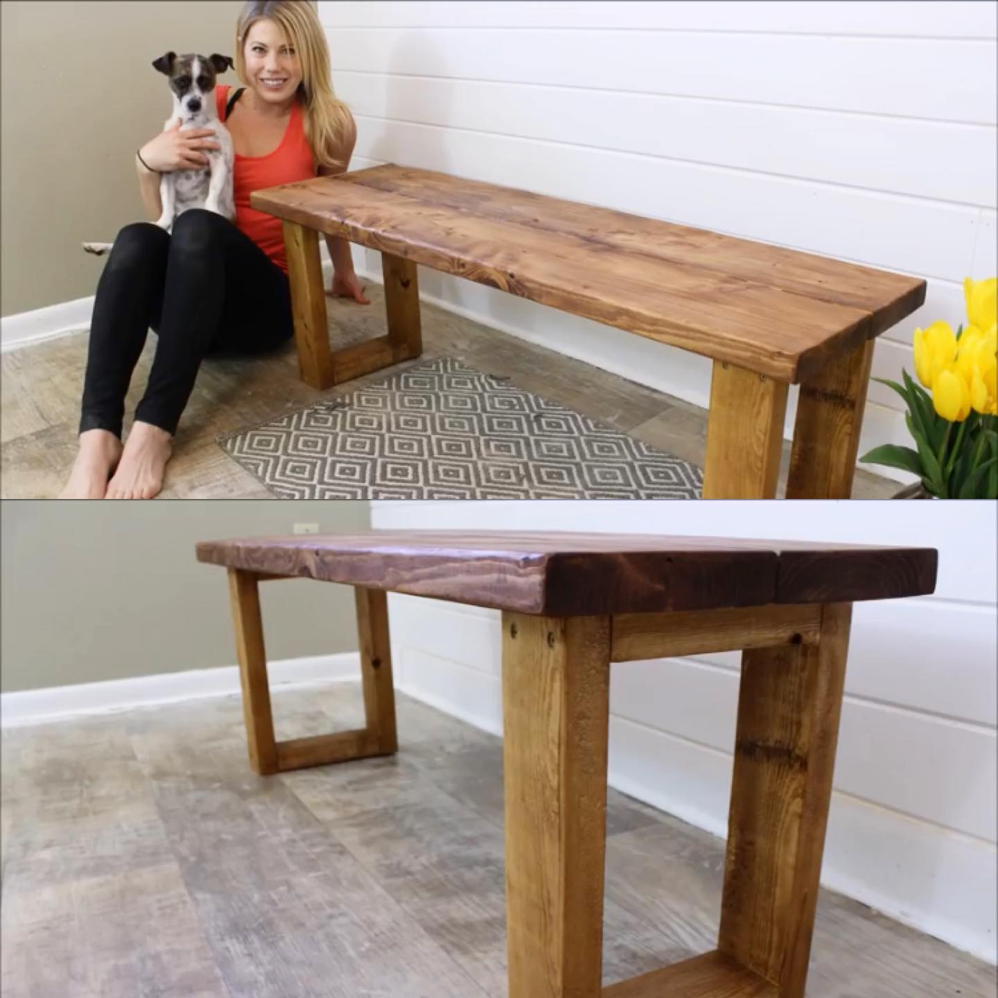 Woman shows the easiest way to make an indoor bench and it only costs $15