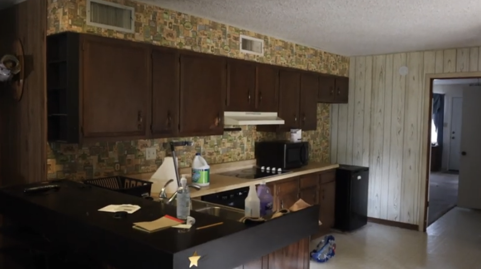 Friends buy dumpy house with popcorn ceilings & dated maroon carpets ...