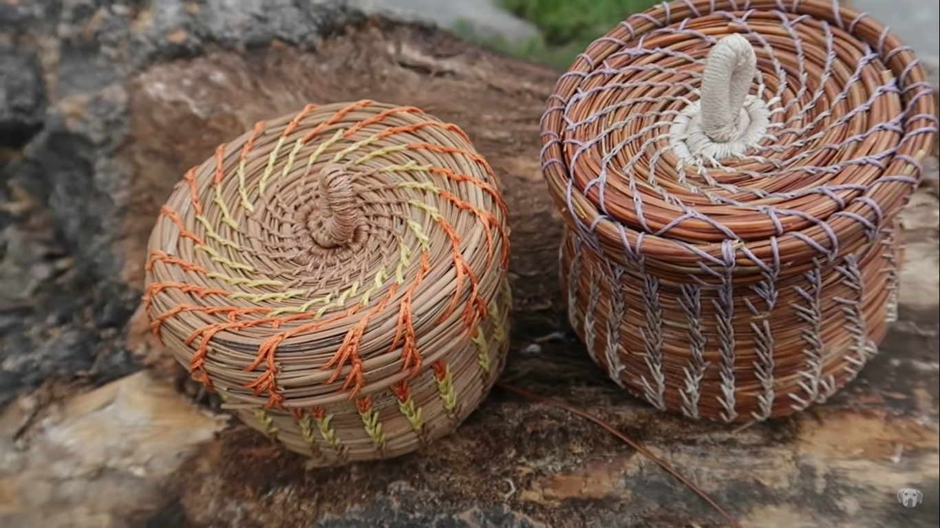Crafty woman shows how to make a beautiful basket from pine needles