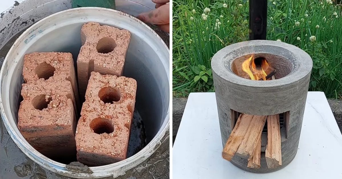 Man uses cement and two buckets to create smokeless outdoor stove