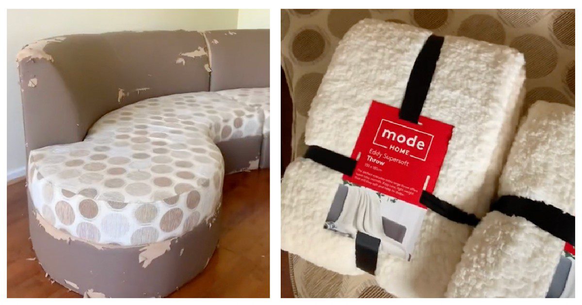 Woman buys a tattered up couch and uses blankets to give it an ...