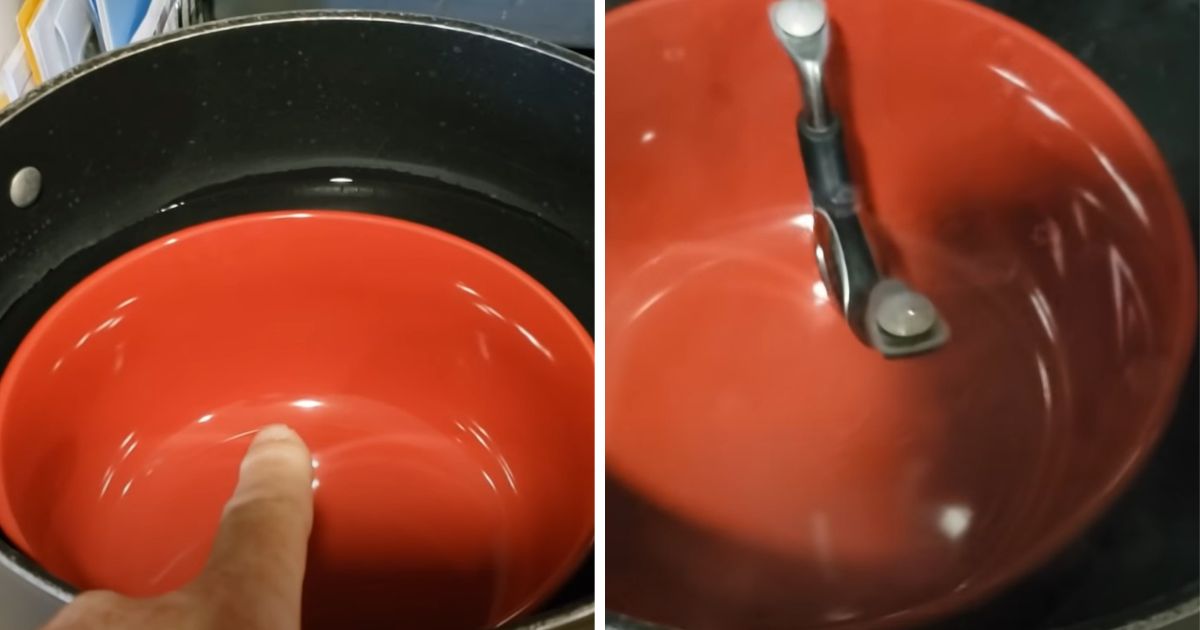 Man shows how to distill water by flipping lid upside down over pot of ...