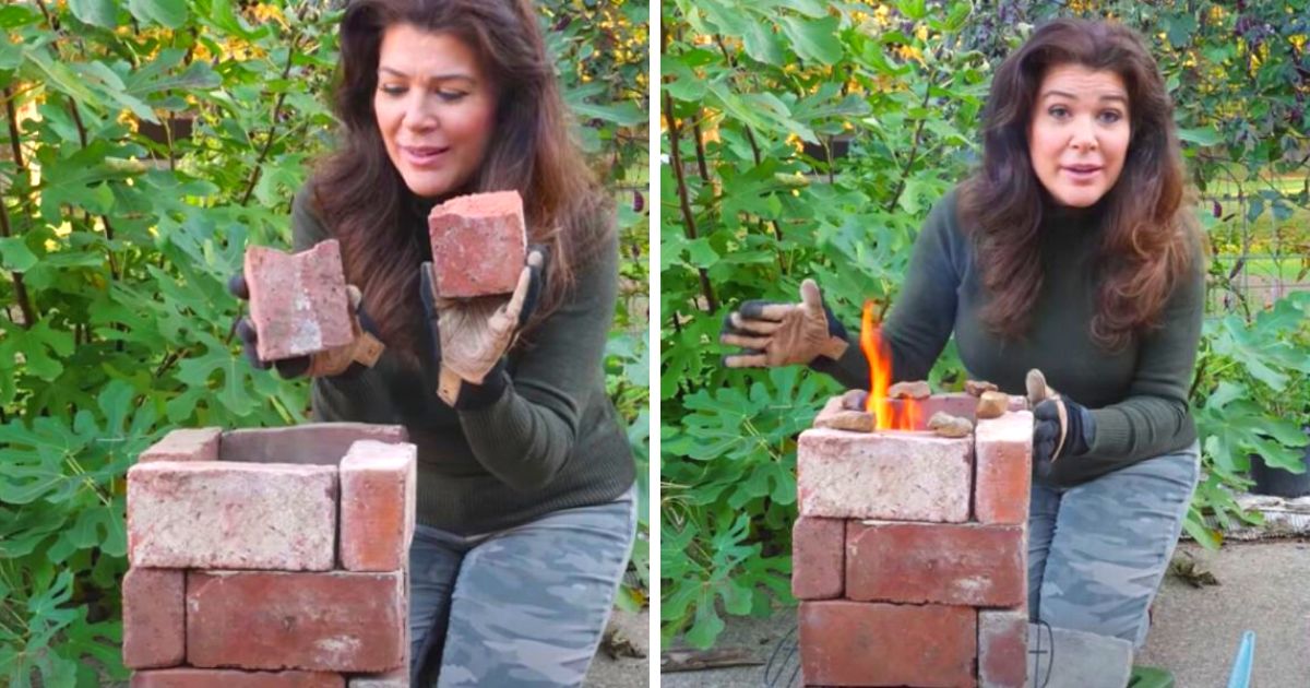 Homesteader stacks old bricks to make simple outdoor cook stove