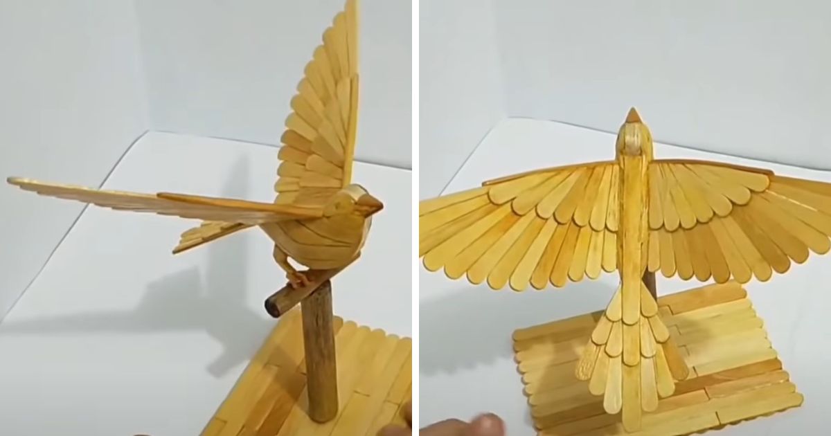 Man uses glue and popsicle sticks to make beautiful flying bird ornaments